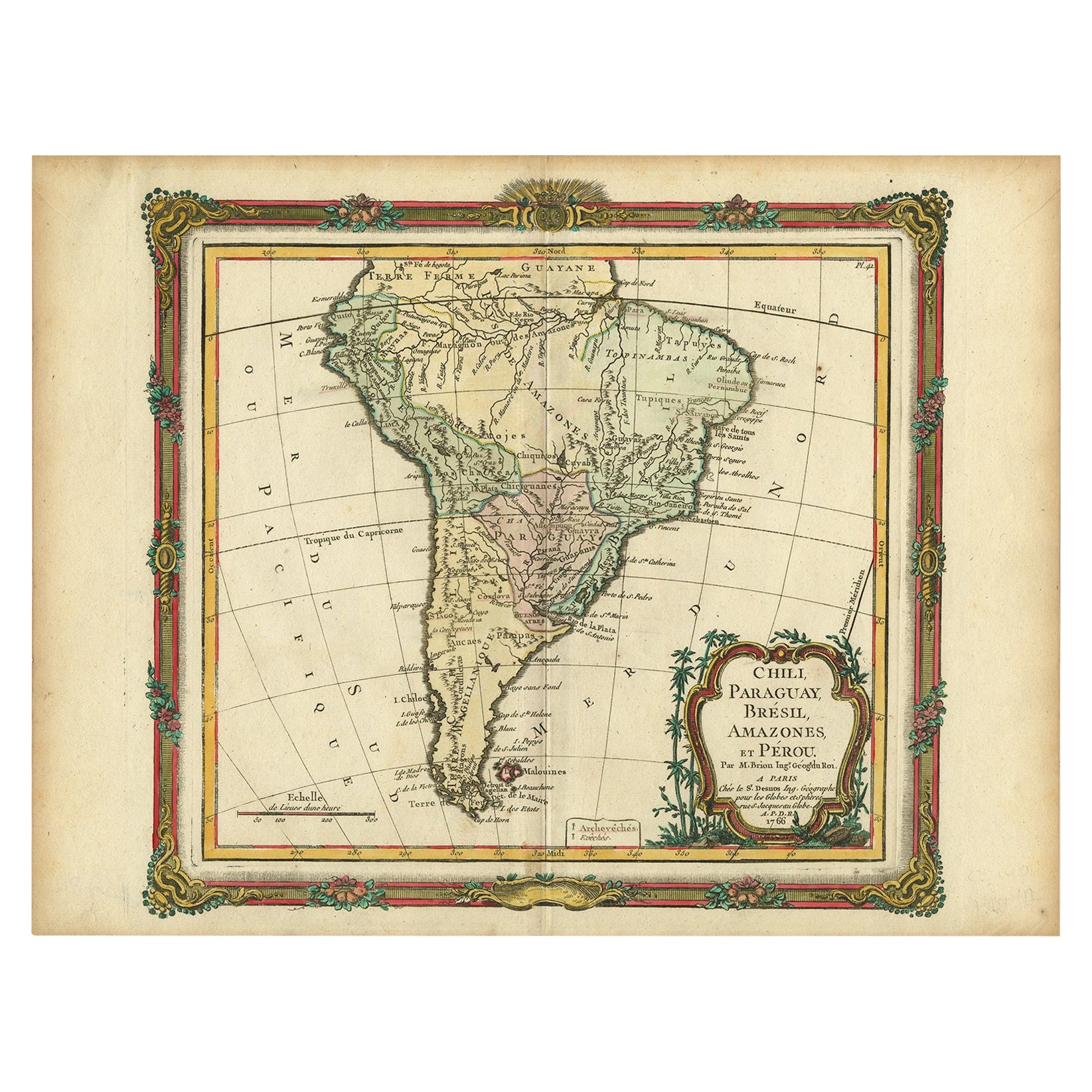 Antique Map of Brazil, Including Part of Colombia, Peru and Chili, c ...