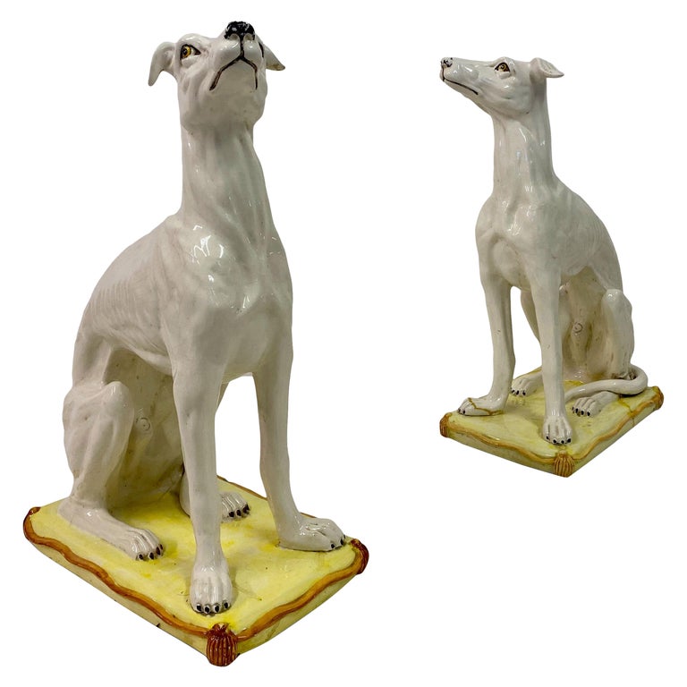 Pair of Mid Century Ceramic Whippets on Cushions For Sale at 1stDibs