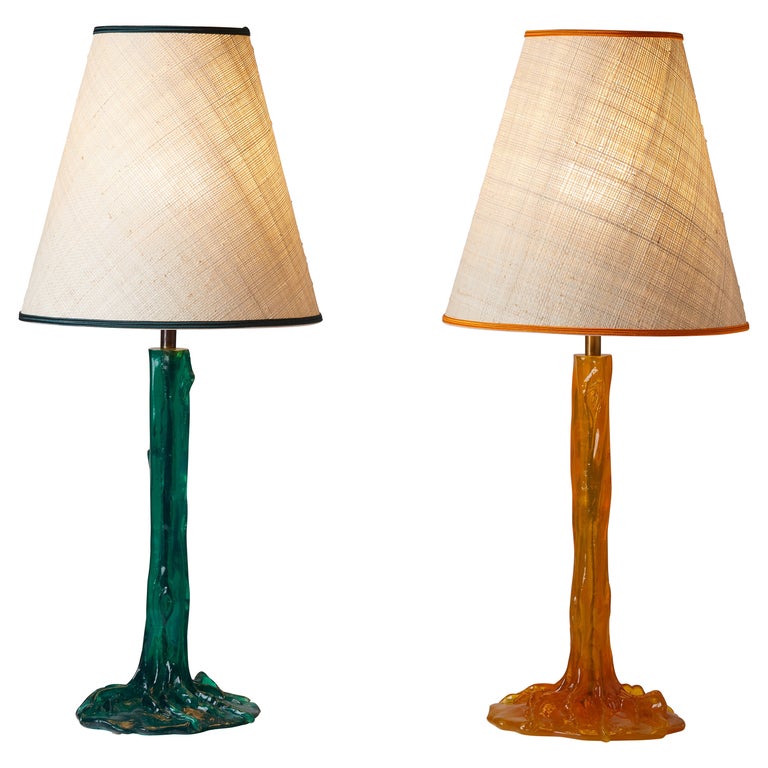 1960s French Pair of Resin Tree Lamps in Orange and Green with Raffia ...