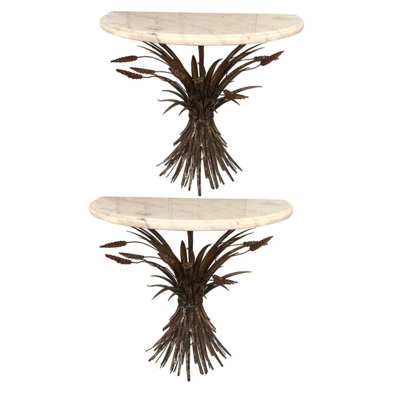 Dramatic Floating Italian Gilt Metal and Marble Pair of Demilune Side ...