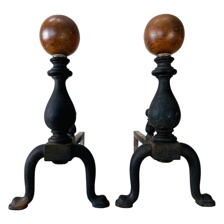 Bradley and Hubbard Iron and Copper Andirons, Pair For Sale at 1stDibs