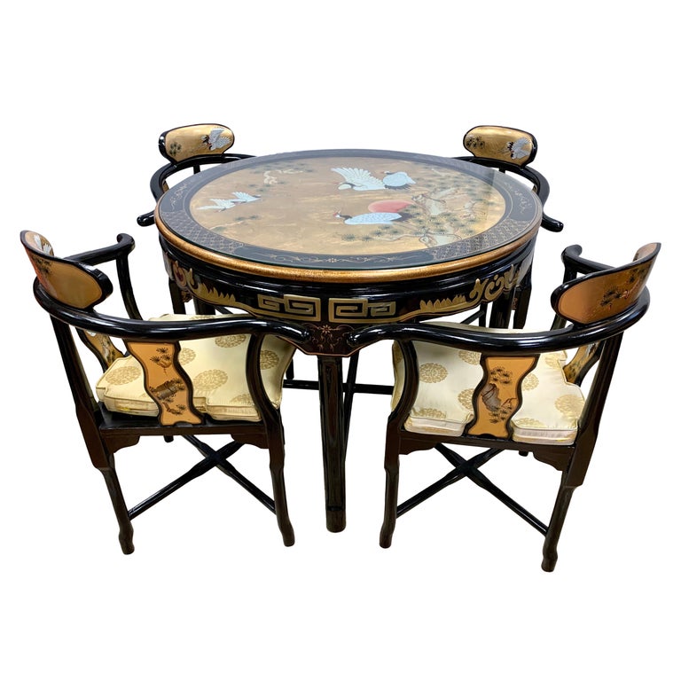 Asian Chinoiserie Hand Painted Dining Set, Game Table with Four Chairs ...