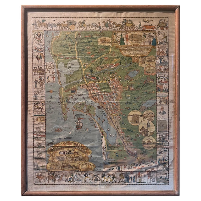 Antique Whimsical Map of San Diego, California by Jo Mora for Marston ...