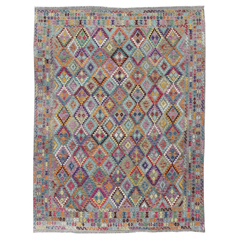 Colorful 21st Century Afghan Kilim Flat Weave Rug in Diamond Design For ...
