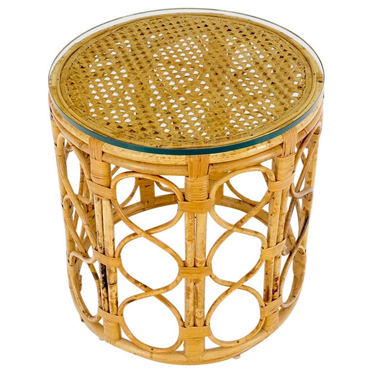 Rattan Bamboo Cane and Glass Top Round Lamp Stand Side End Table ...