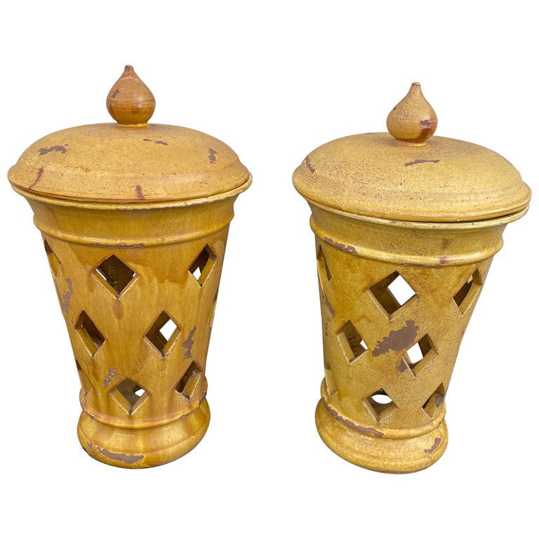Pair of French Glazed Terra Cotta Lanterns For Sale at 1stDibs