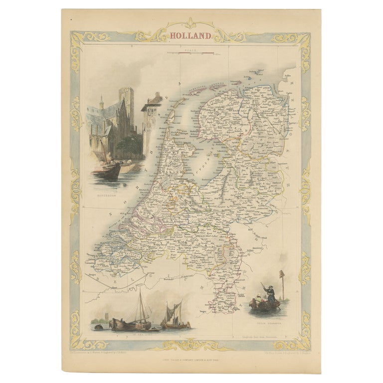 Antique Map of Holland with Colorful Vignettes, 1851 For Sale at 1stDibs