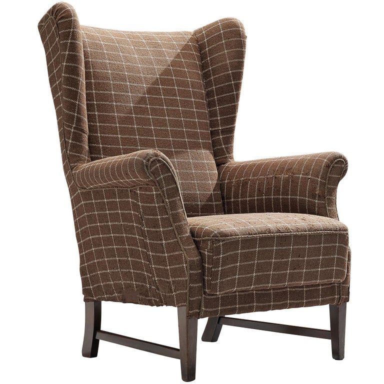 Danish Wingback Chair in Brown Checkered Upholstery at 1stDibs ...