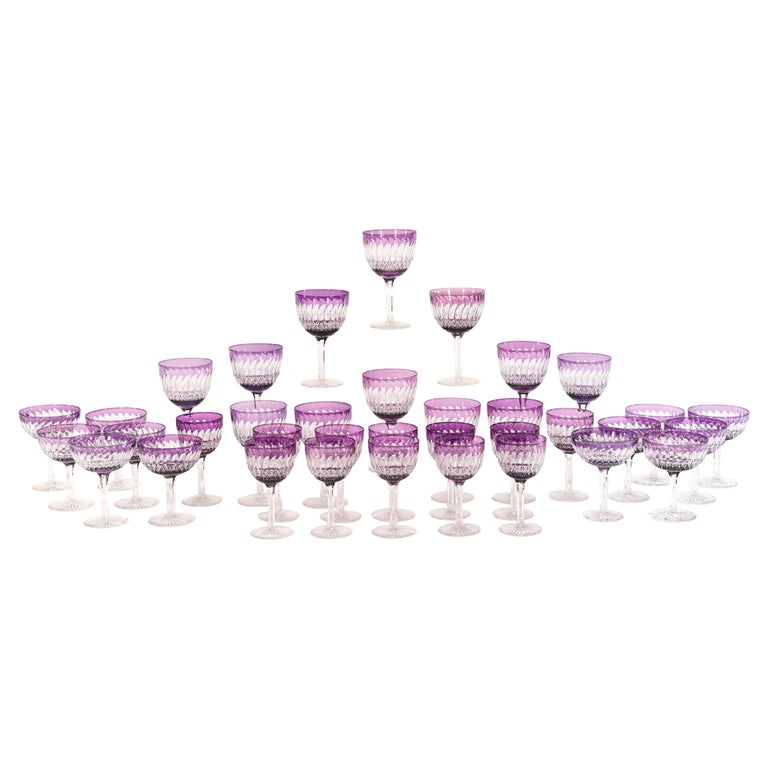 Signed Webb 36 Pc Set Hand Blown Amethyst Cut to Clear Crystal Stemware Service For Sale at 1stDibs