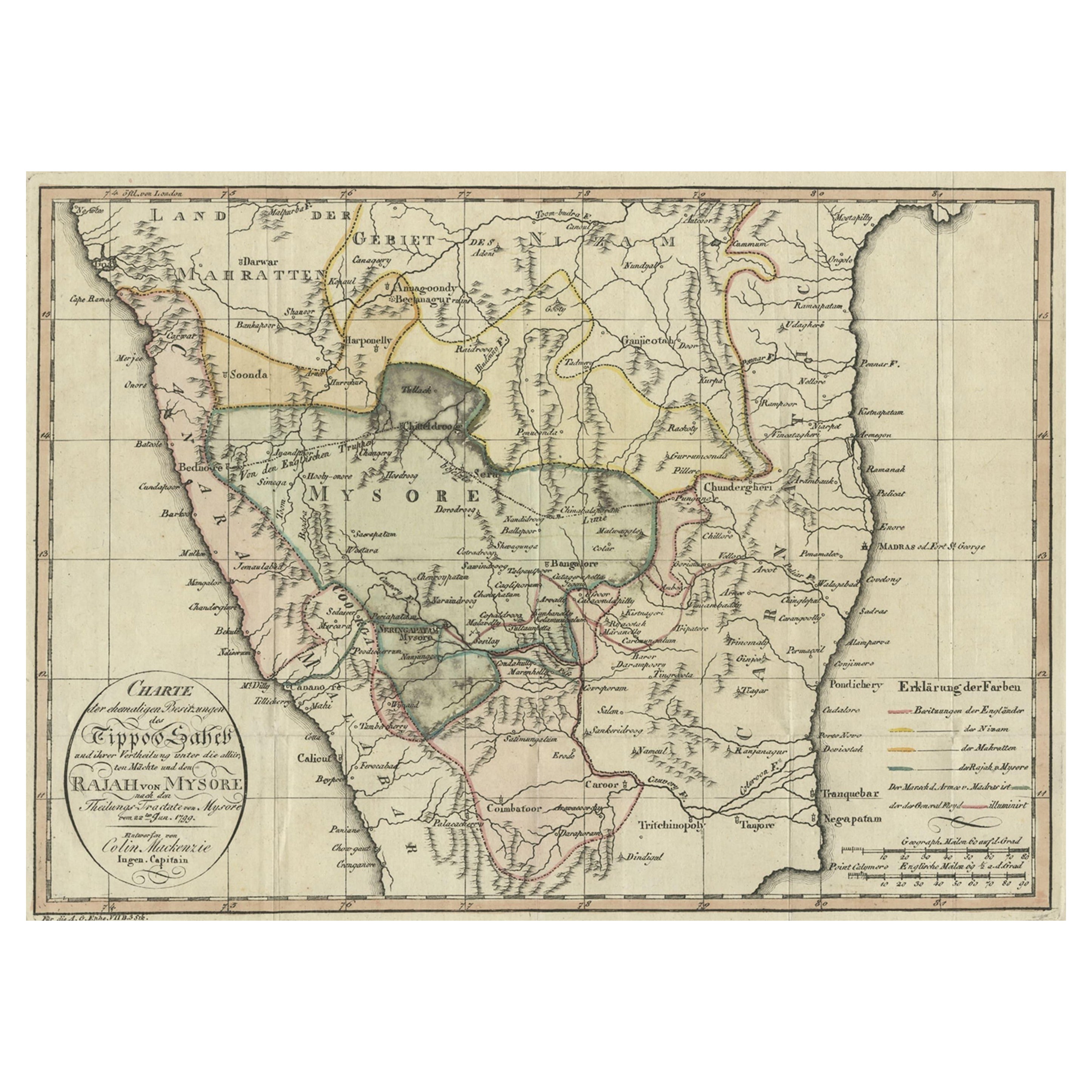 Original Map of Southern India with Kingdom Mysore, Ruled by Tipu ...