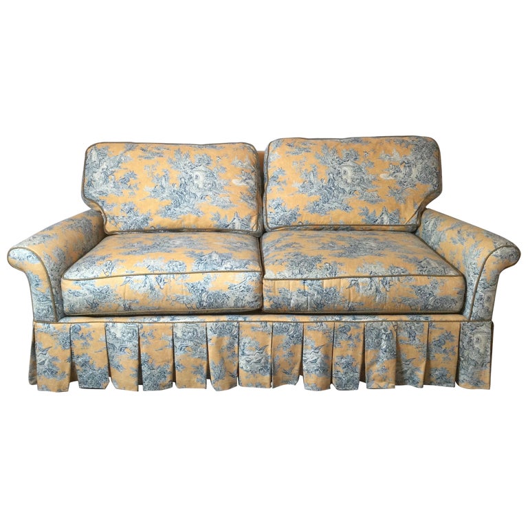 Custom Blue and Yellow Toile Upholstered Sofa For Sale at 1stDibs