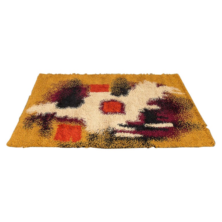 Danish Modern Wool Rya Rug, Ochre, Navy, Maroon For Sale at 1stDibs