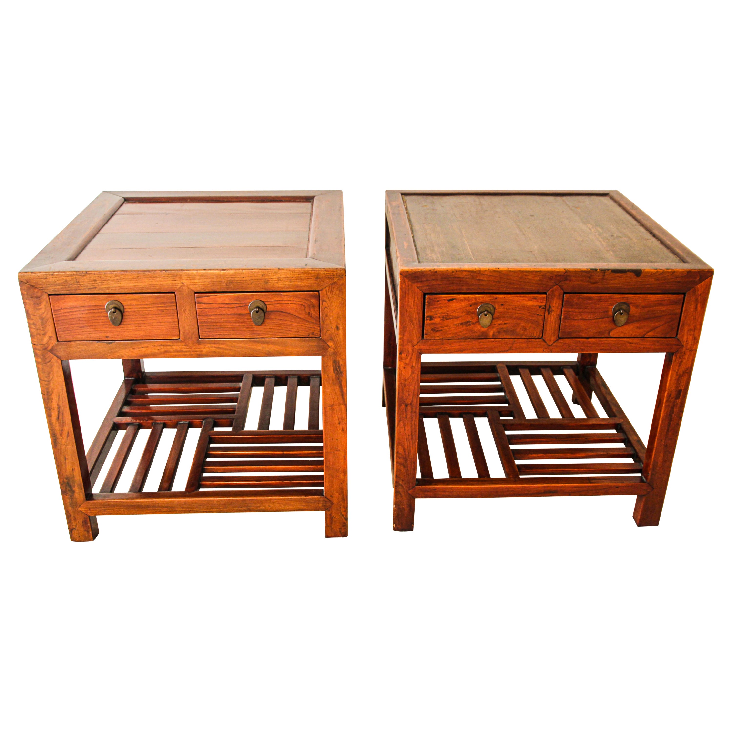 Vintage Asian Pair of Bedside Chinese Teak Nightstand End Tables at 1stDibs
