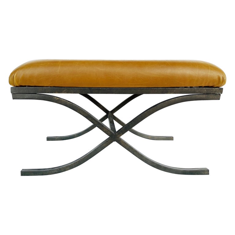 Vintage Iron X-Frame Faux Leather Upholstered Bench For Sale at 1stDibs