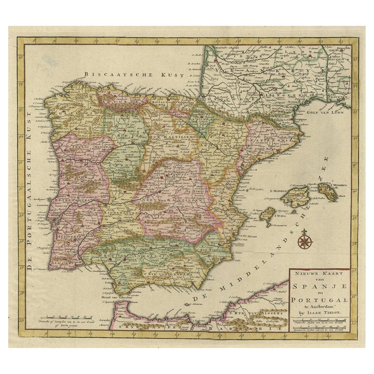 Attractive Engraved Old Map Showing Spain, Portugal Majorca, Ibiza etc ...