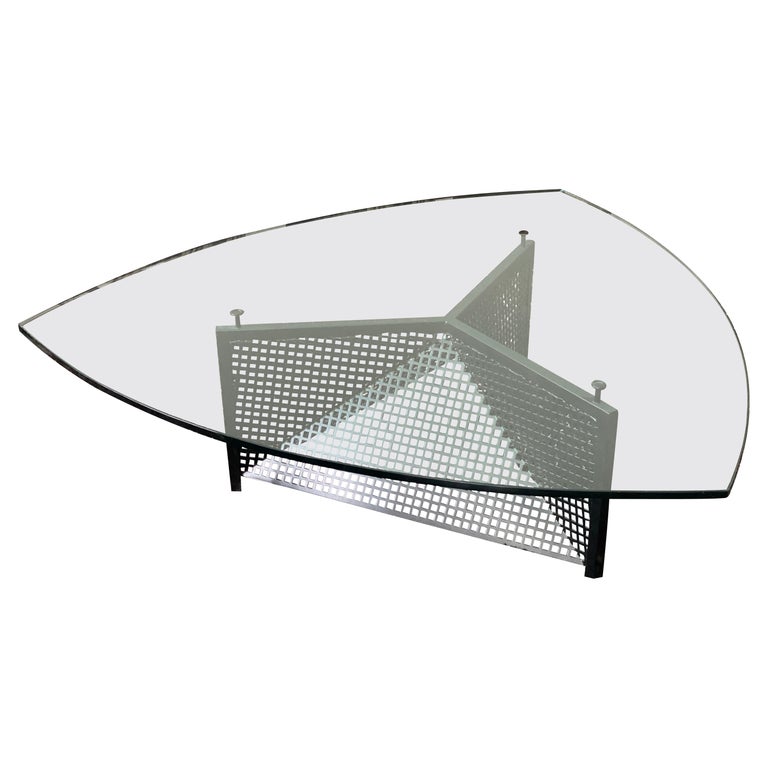 Mid-Century Iron Mesh Base and Triangular Glass Top Coffee Table at 1stDibs