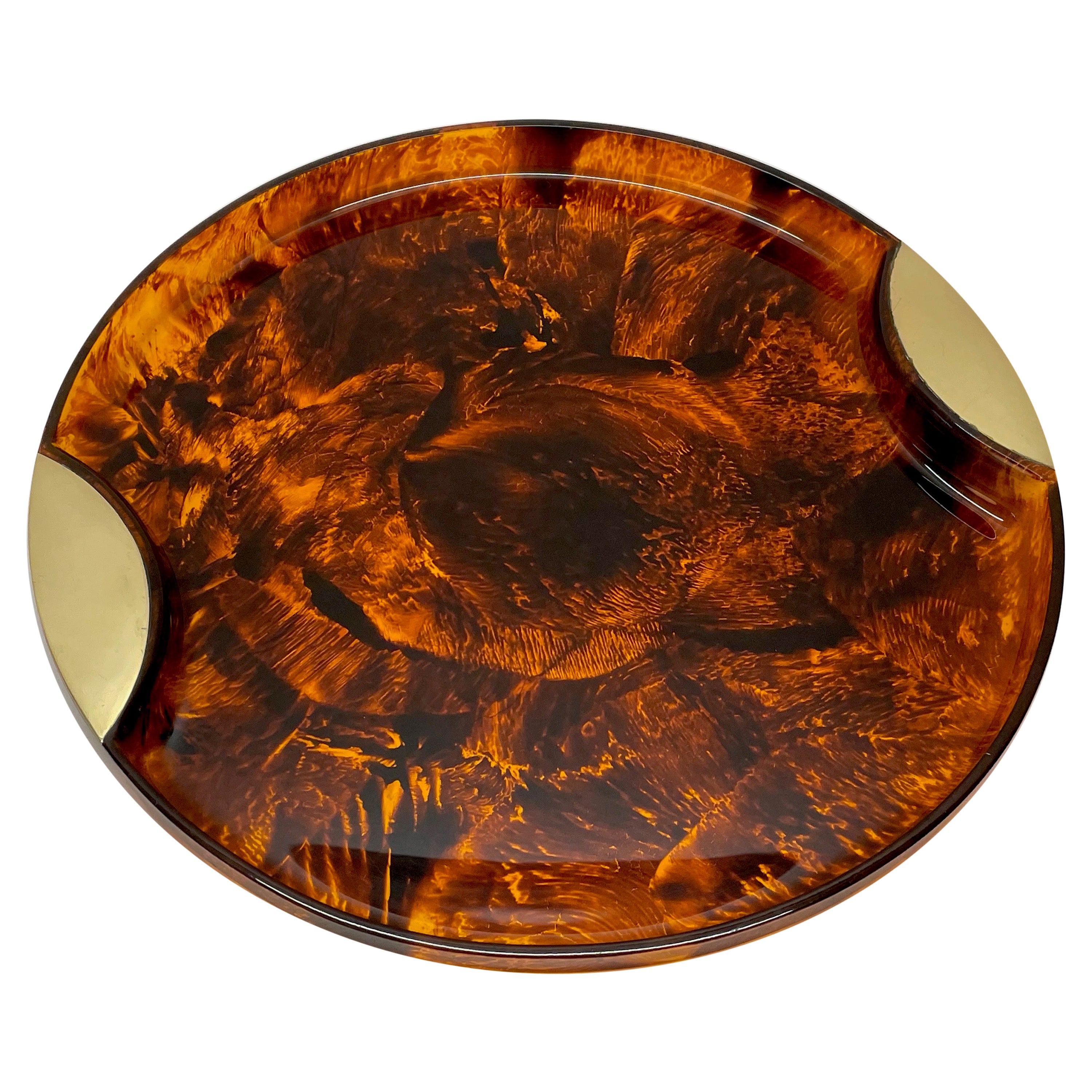 Tortoise Lucite and Brass Serving /Bar Round Tray at 1stDibs