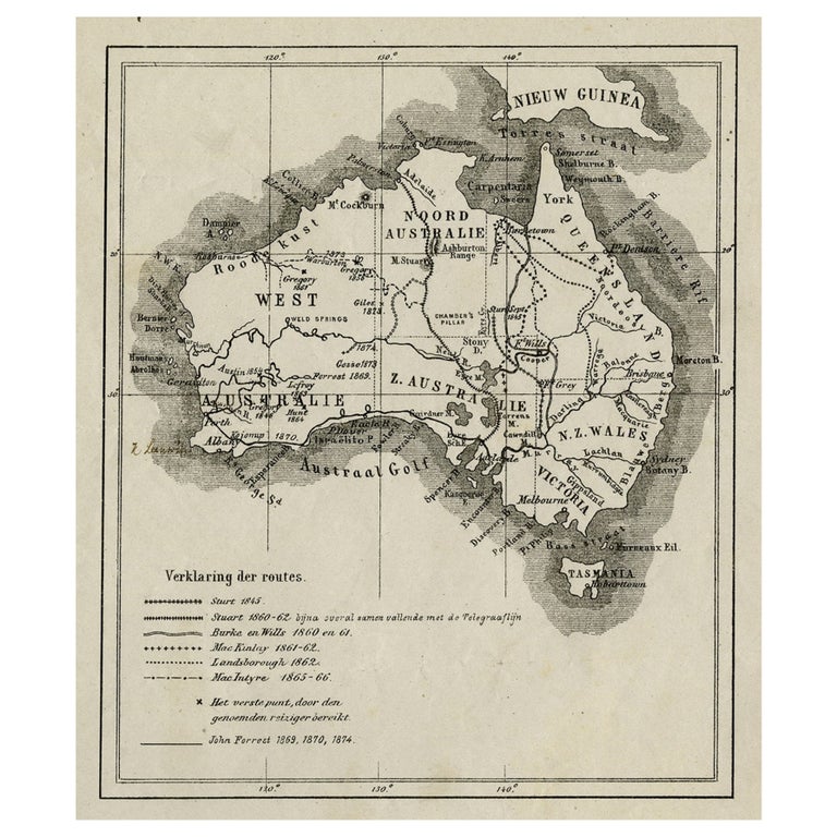Old Map of Australia Showing The Routes of the Main Explorers, ca.1900 ...