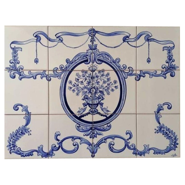 Blue Floral Tile Mural in Pure Clay and Fine Ceramic For Sale at 1stDibs