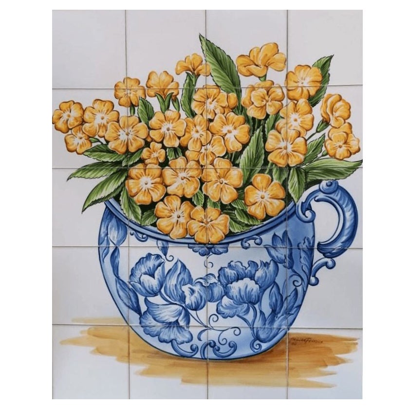 Azulejos Portuguese Hand Painted Tile Panel "Yellow Flowers" Signed by ...