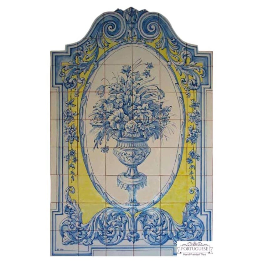 Blue Flower Vase Tile Mural in Pure Clay and Fine Ceramic, Portuguese ...