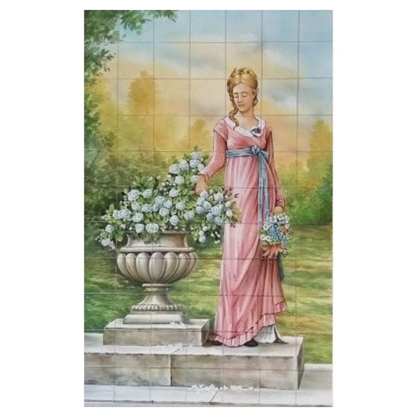Lady in the Garden Tile Mural in Pure Clay and Fine Ceramic For Sale at ...