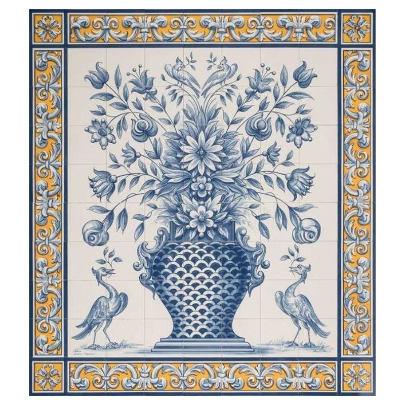 Blue Flower Basket Tile Mural in Pure Clay and Fine Ceramic, Portuguese ...