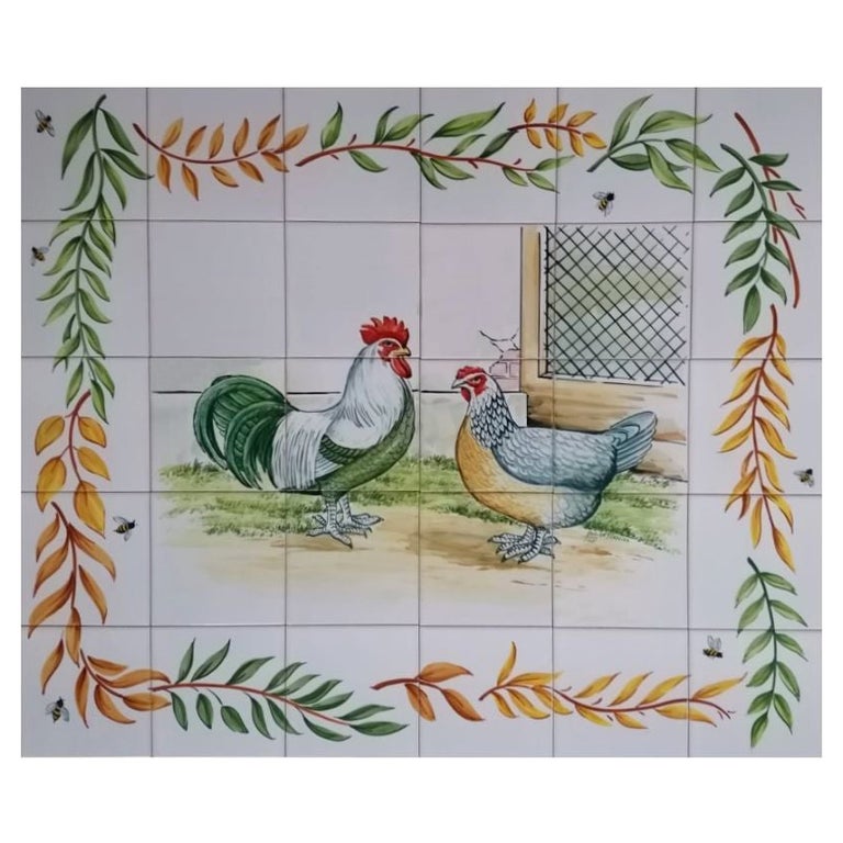 Rooster and Chicken Kitchen Tile Mural in Pure Clay and Fine Ceramic ...