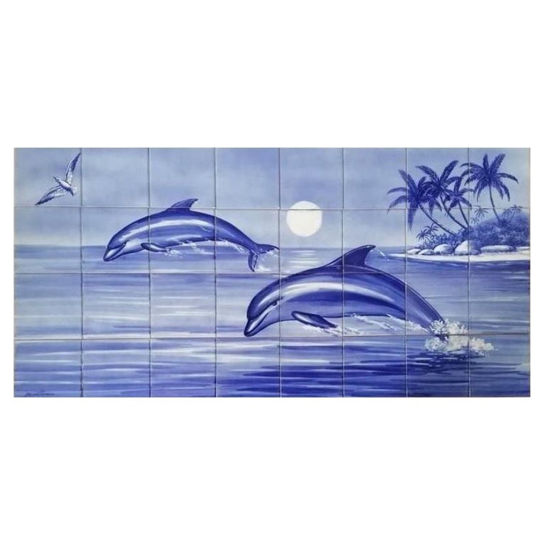 Dolphin Tile Mural in Pure Clay and Fine Ceramic For Sale at 1stDibs