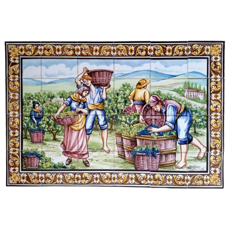 Wine Harvest Tile Mural, Hand Painted Wall Tiles, Portuguese Azulejo ...