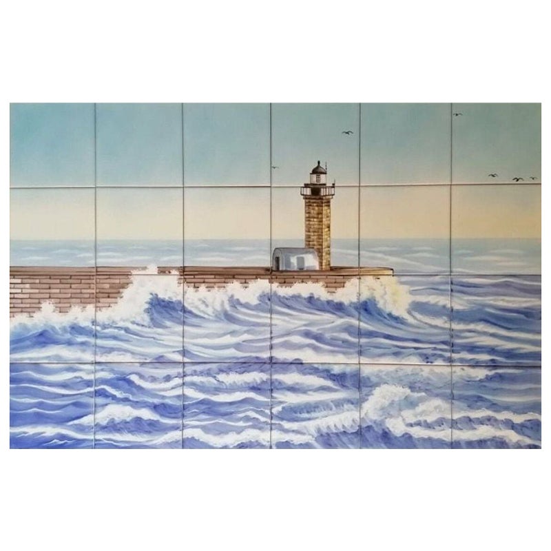 Lighthouse Tile Mural in Pure Clay and Fine Ceramic For Sale at 1stDibs