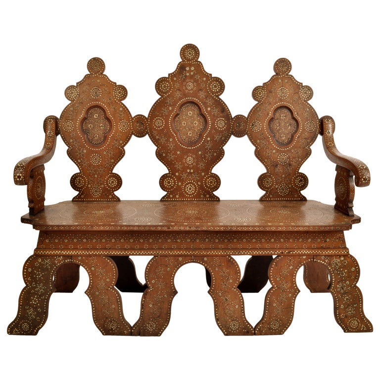 Antique Middle Eastern Syrian Islamic Moorish Inlaid Walnut Bench ...