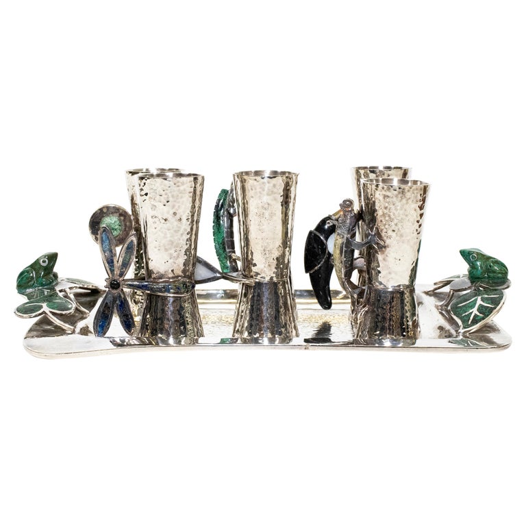 Los Castillo Silver Plated Mexican Tray and Shot Glasses at 1stDibs ...