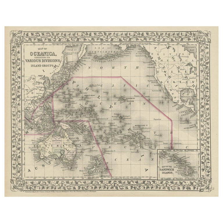 Old Map of the Pacific, Incl Australia, Polynesia, Melanesia and ...