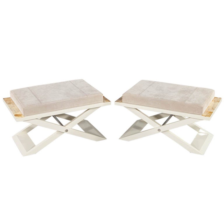 Pair of Modern Italian Leather Ottomans with X Bases at 1stDibs