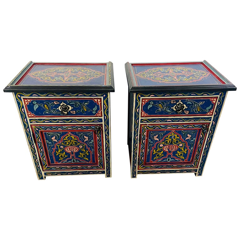 Vintage Moorish Moroccan Blue Hand-painted Nightstand, Side or End ...