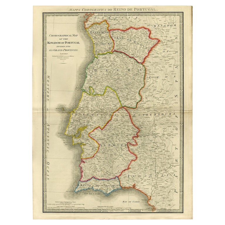 Large Antique Map of the Kingdom of Portugal in Original Colors, 1854 ...
