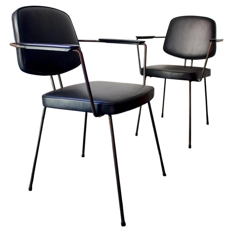 Pair of Metal Chairs by Rudolf Wolf, Black Leather Upholstery ...