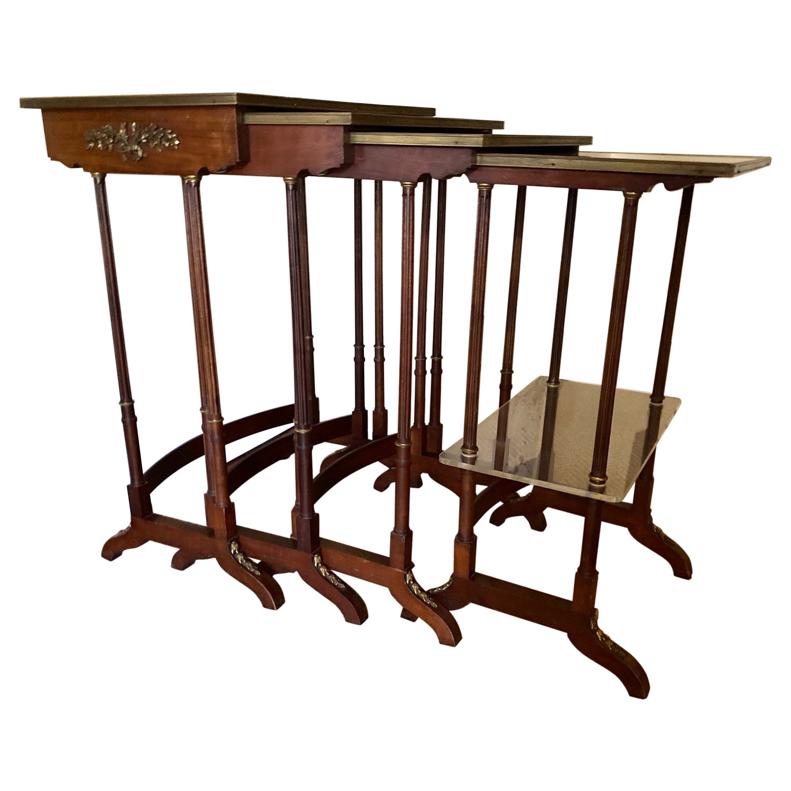 French Set 3 Brass Mirrored Top Nesting Tables at 1stDibs