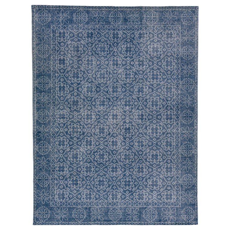 Blue Mid-Century Modern Style Handmade Floral Trellis Motif Wool Rug ...