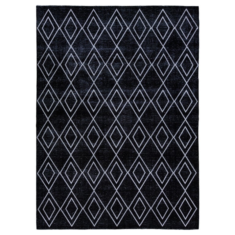 Black Modern Turkish Handmade Geometric Diamond Pattern Wool Rug For ...