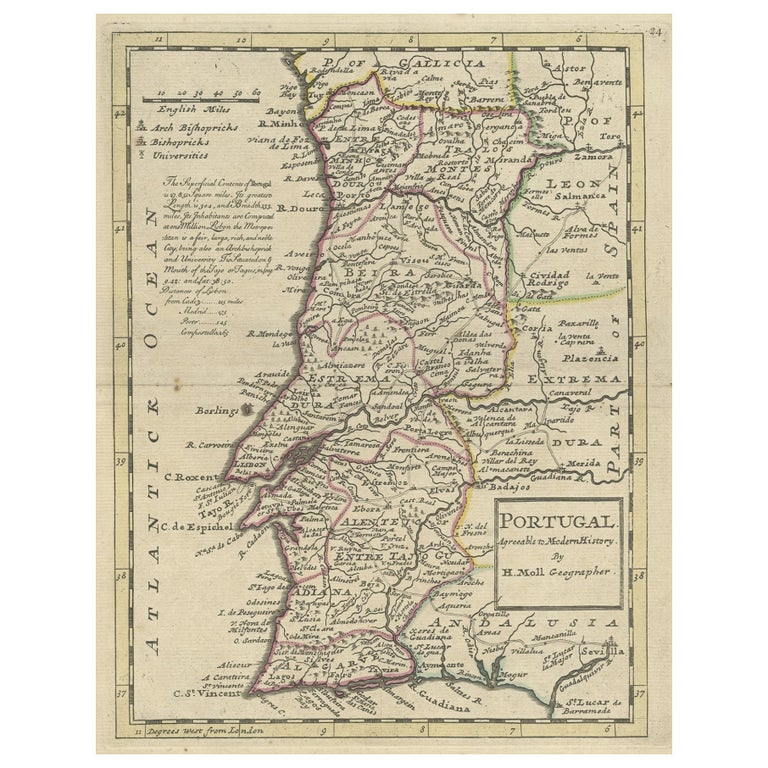 Original Antique Map of Portugal, Showing Many Details, 1727 at 1stDibs
