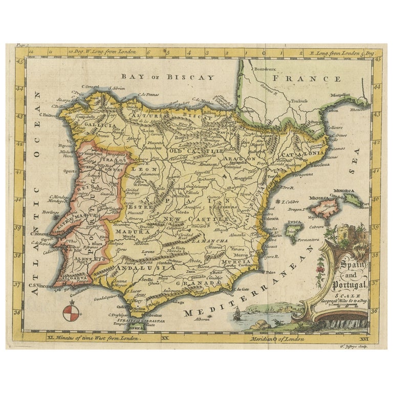 Antique Map of Spain and Portugal 'Iberian Peninsula', Decorative ...