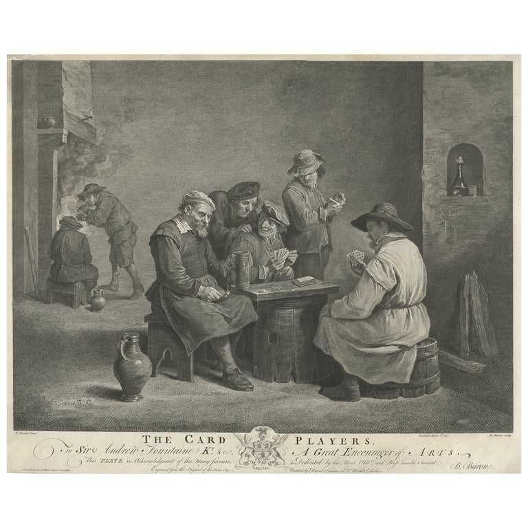 Original Antique Print of People Playing Cards in the Early 18th ...