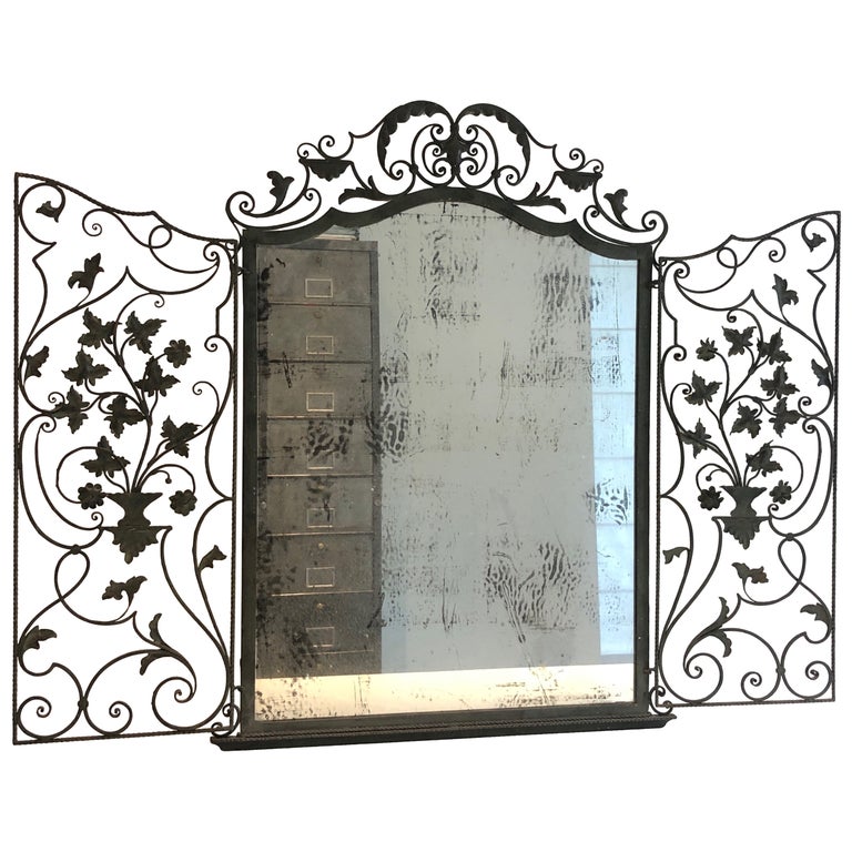 Rare Two Opening Panels Wrought Iron Mirror with Leaves and Scrolls ...