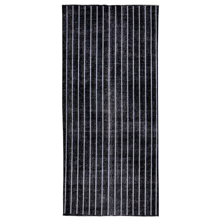 Black Modern Turkish Handmade Striped Motif Wool Gallery Rug For Sale ...