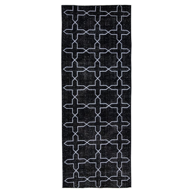 Modern Black Turkish Handmade Geometric Pattern Wool Gallery Rug For ...