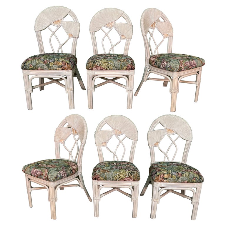 Split Reed Rattan Floral Design Dining Chairs, Set of 6 For Sale at 1stDibs
