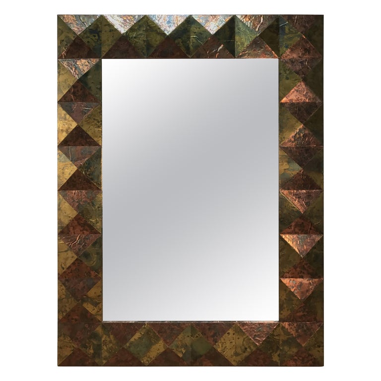 Large Copper and Brass Clad Faceted Mirror For Sale at 1stDibs