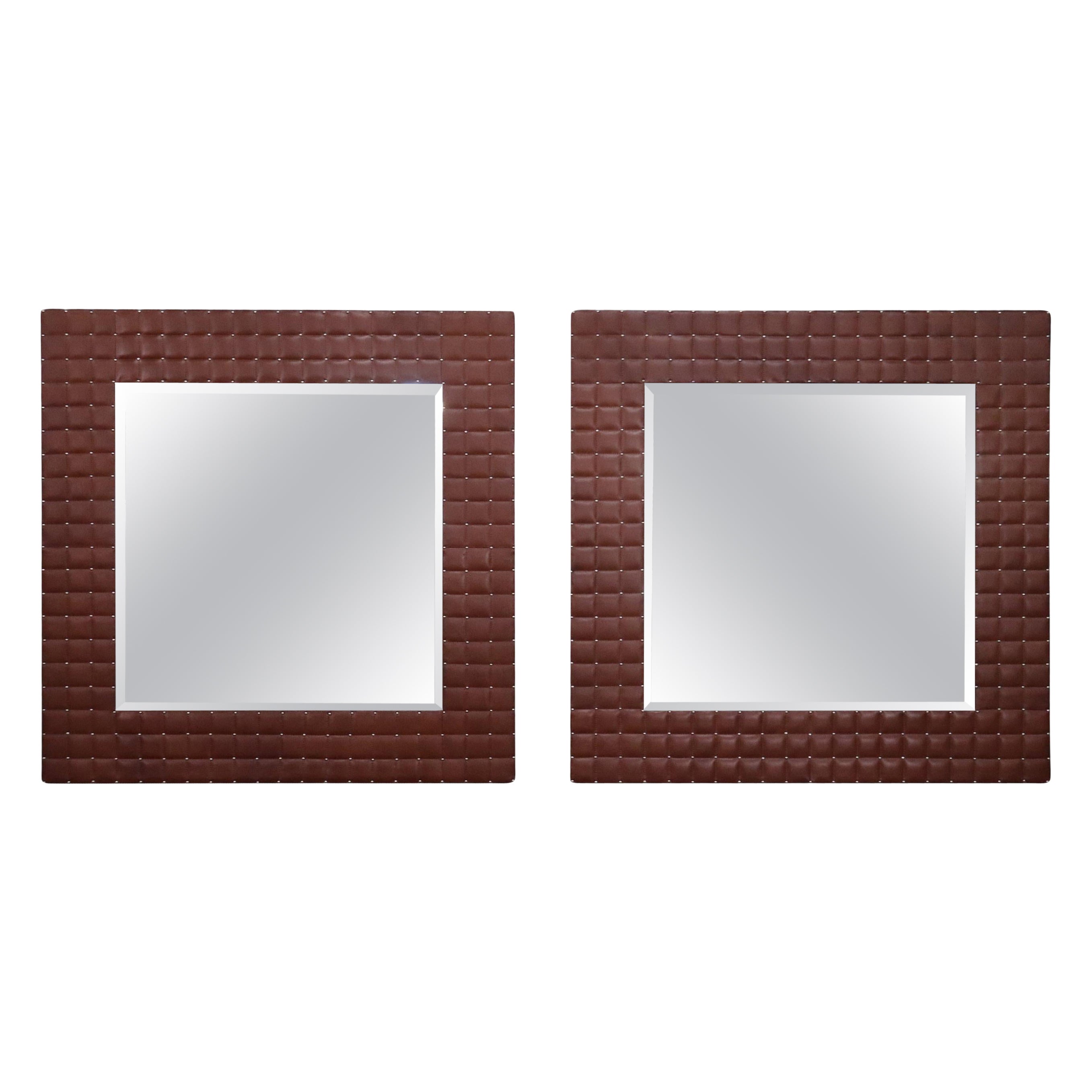 Pair of Modern Style Upholstered Tufted Beveled Glass Mirrors at 1stDibs